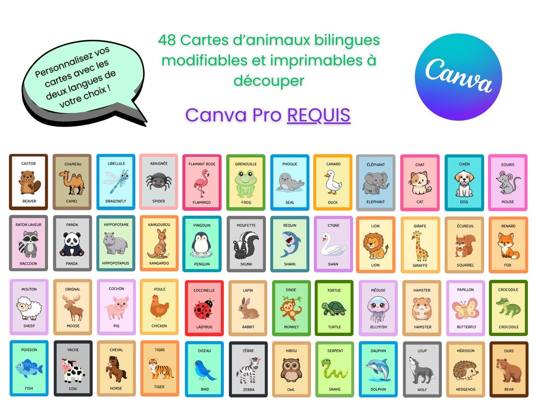 Editable and Printable Bilingual Animal Cards - Etsy Australia
