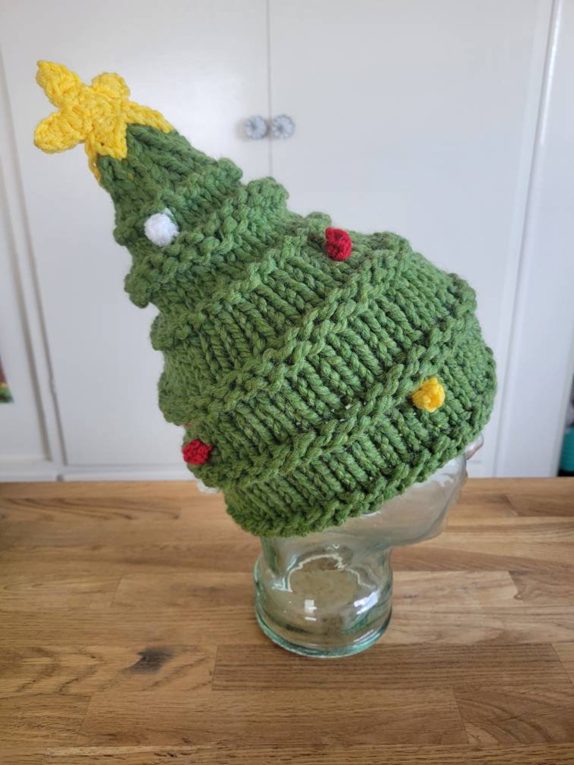 Hand Knit Christmas Tree Beanie: Holiday Hat With Ornaments and a Star ...