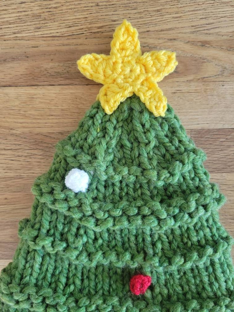 Hand Knit Christmas Tree Beanie: Holiday Hat With Ornaments and a Star ...