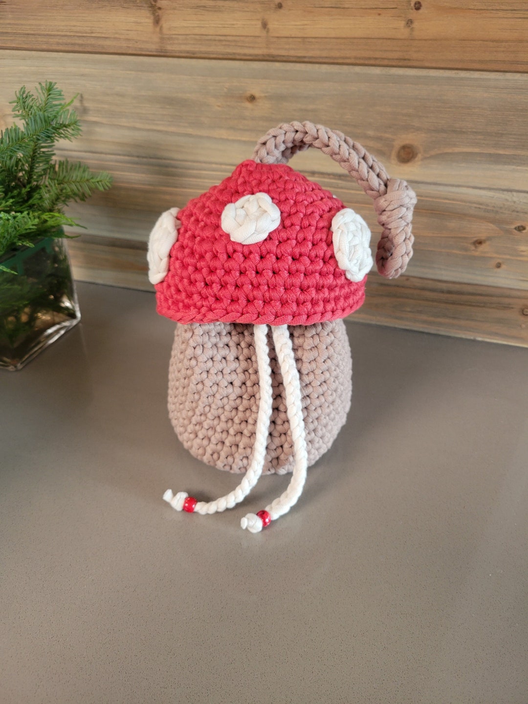 Crochet Mushroom Bag, Mushroom Cinch Bag, Mushroom Drawstring Bag, Red ...
