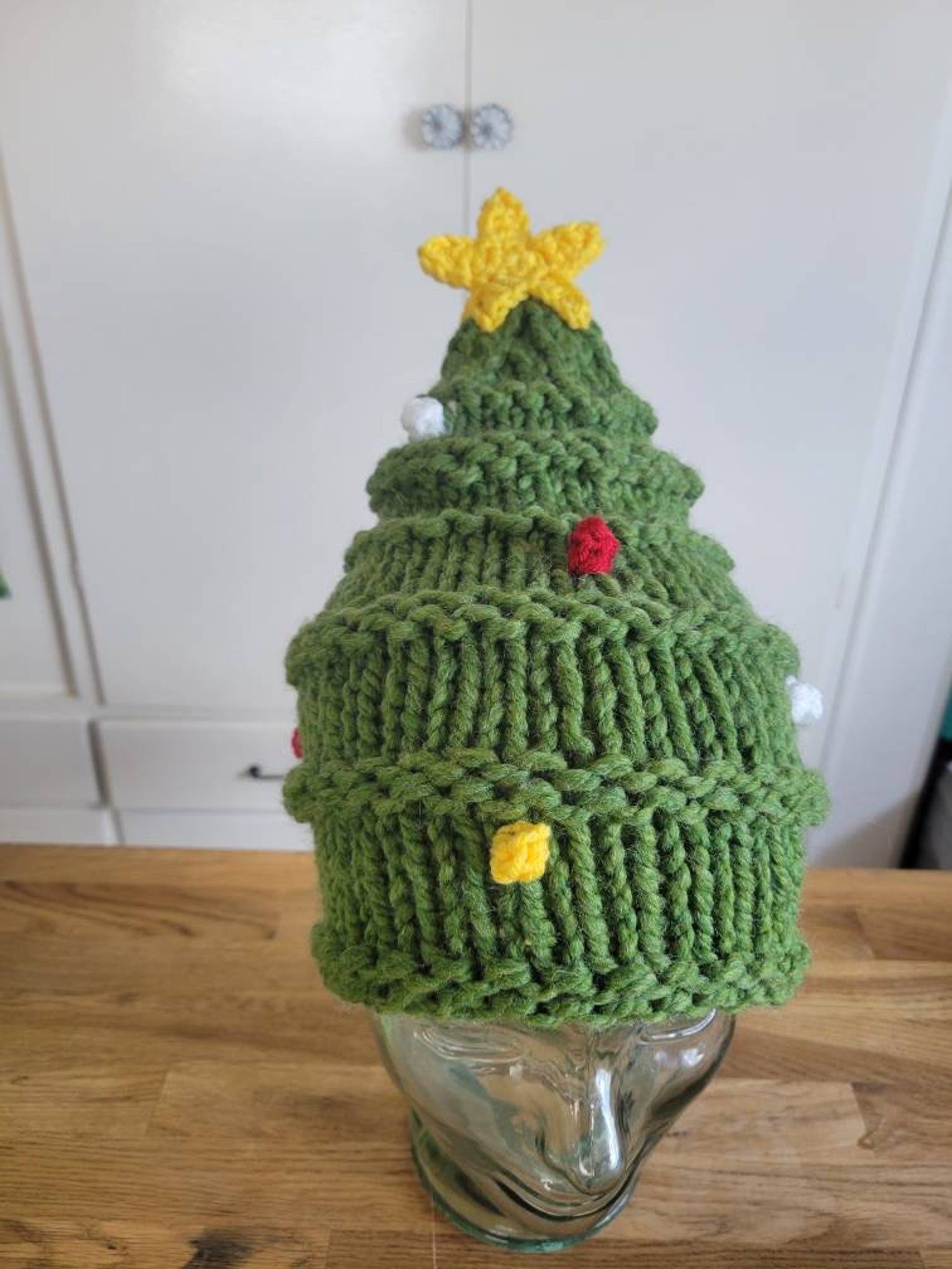 Hand Knit Christmas Tree Beanie: Holiday Hat With Ornaments and a Star ...