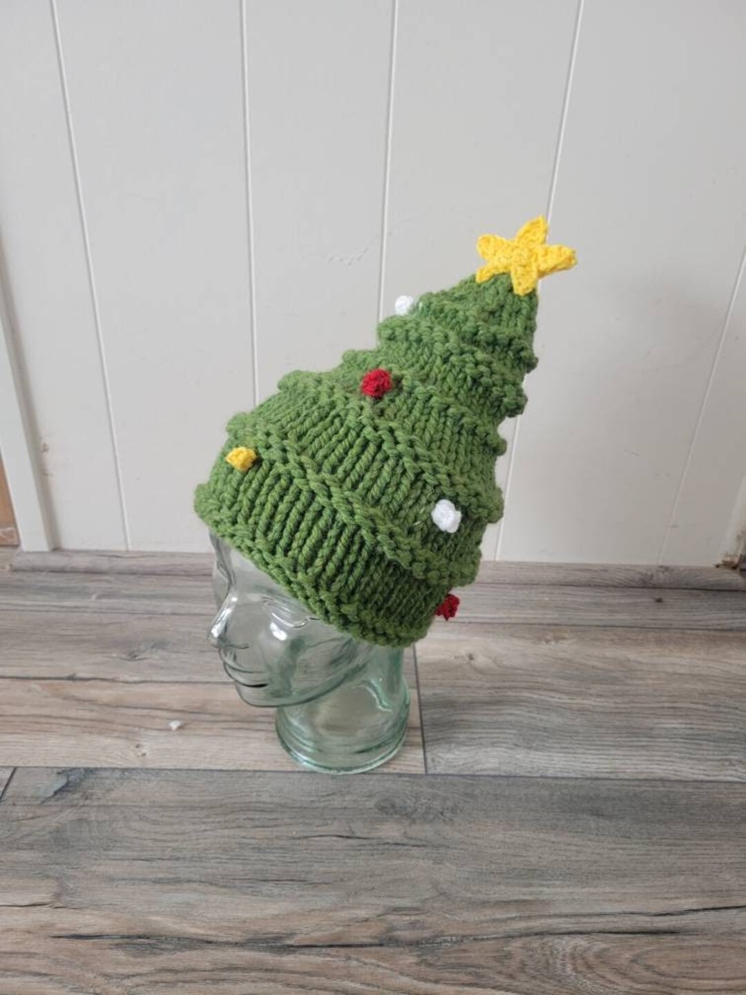 Hand Knit Christmas Tree Beanie: Holiday Hat With Ornaments and a Star ...