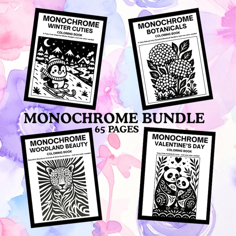 Monochrome Coloring Book Bundle, Winter, Botanical, Valentine, Woodland ...