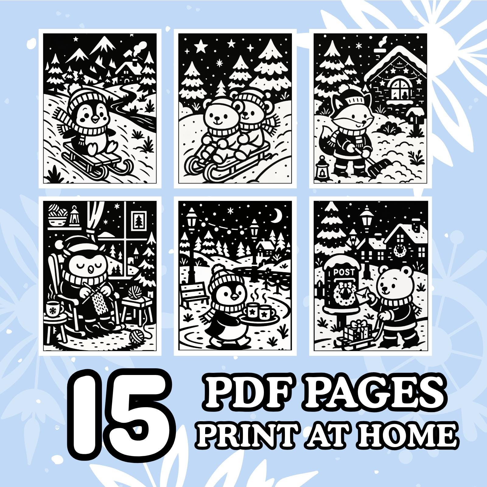 Monochrome Coloring Book Pages, Cozy Winter Coloring Bundle, (PDF PNG ...