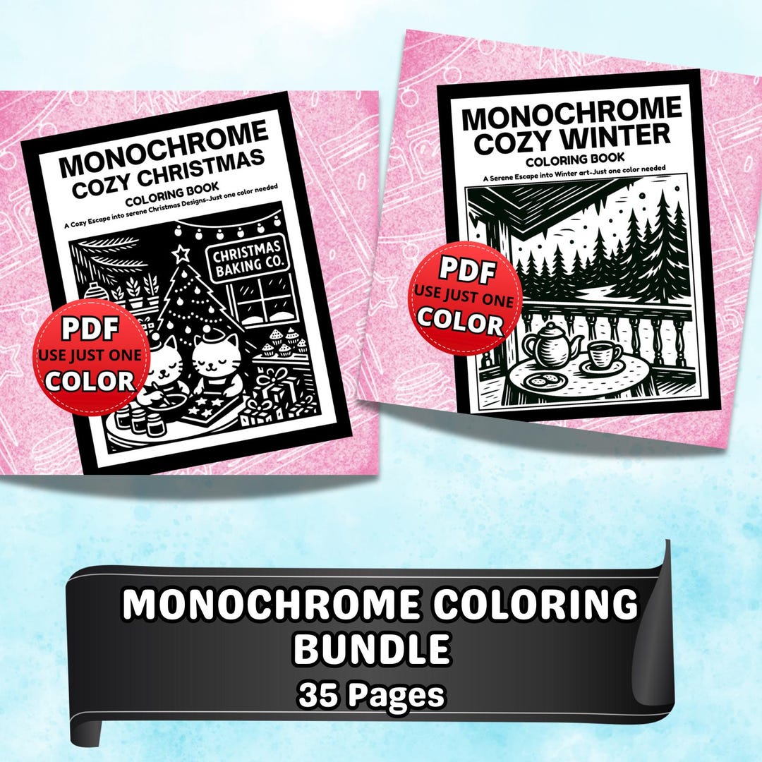 Monochrome Coloring Book Pages, Cozy Christmas Winter Coloring Bundle ...