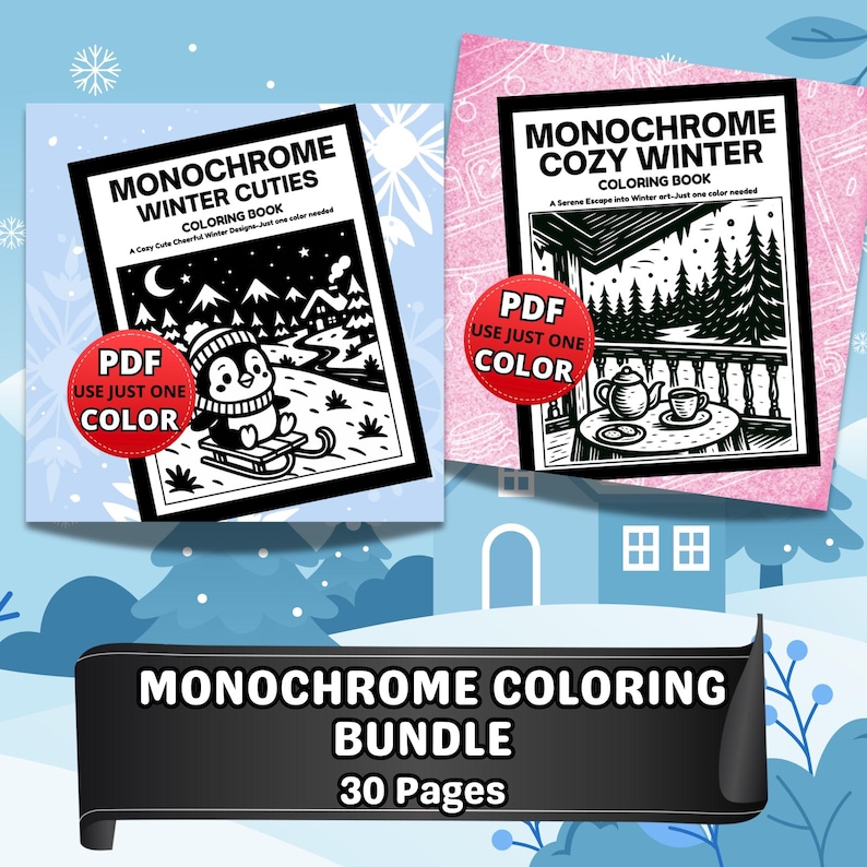 Monochrome Coloring Book Pages, Cozy Winter Coloring Bundle, (PDF PNG ...