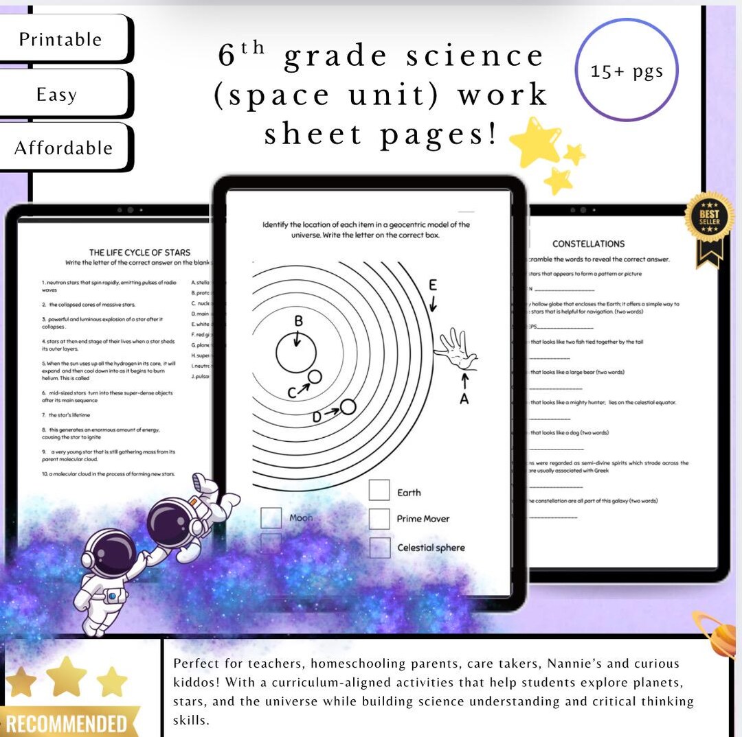 Low Cost Grade 6 Space Science Worksheets | Earth, Moon & Solar System Unit | 15+ Printable ...