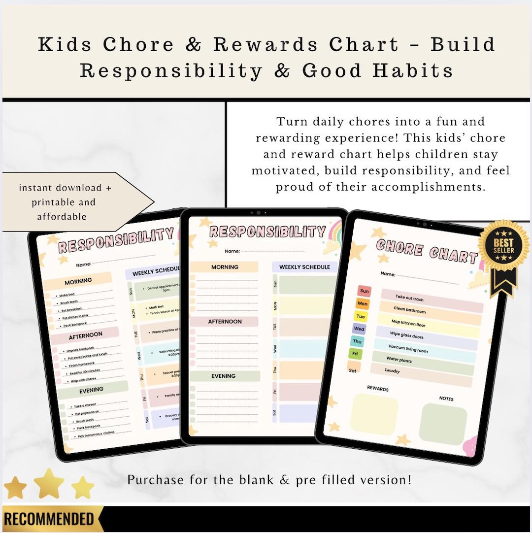 Kids Chore Chart With Rewards Tracker Printable, Responsibility Chart ...