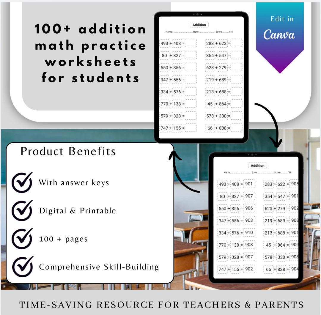100+ Math Addition Worksheets for Kids & Students | Printable Practice ...
