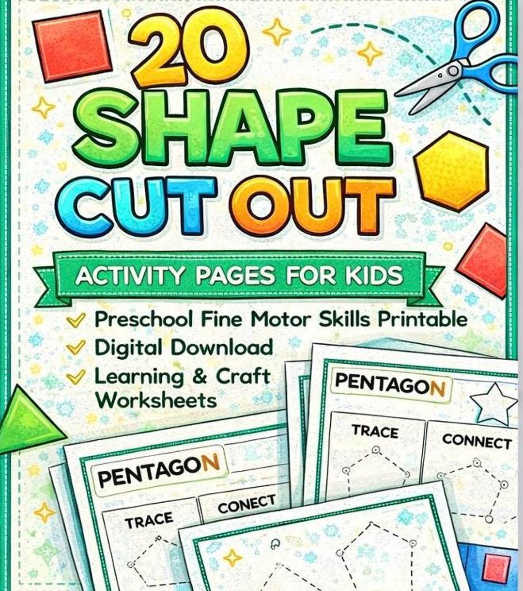 20 Shape Cut Out Activity Pages for Kids, Preschool Fine Motor Skills ...
