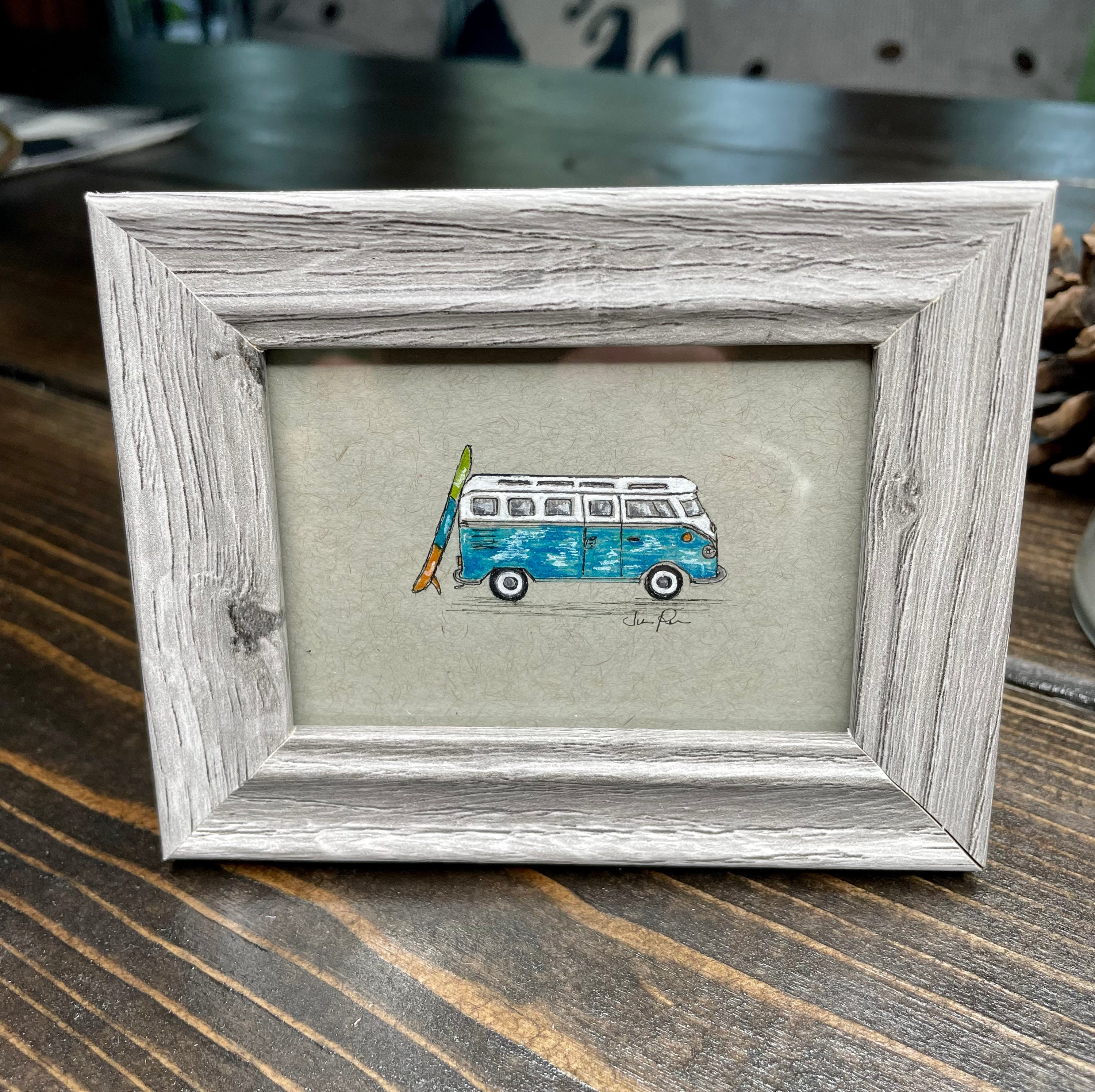 Volkswagen Vw Bus Framed Drawing With Surfboard, Vw Art, Volkswagen ...