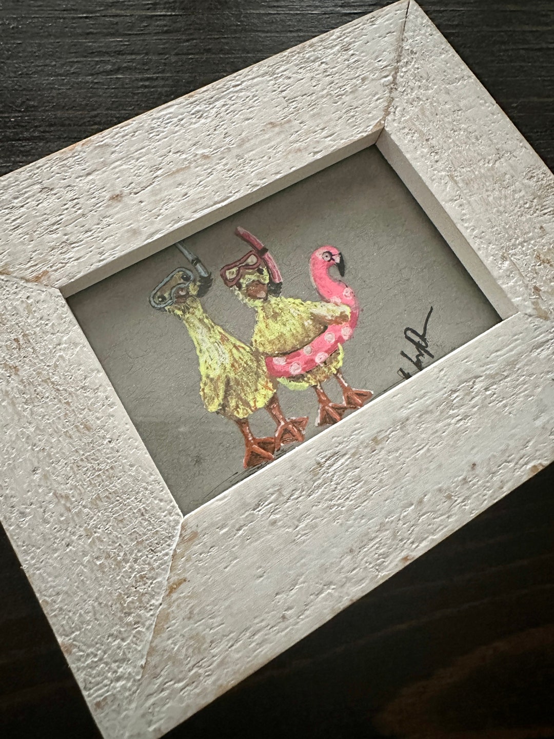 Ducks Quirky Drawing in Rustic Mini Frame, Tiny Drawings, Miniature Art ...