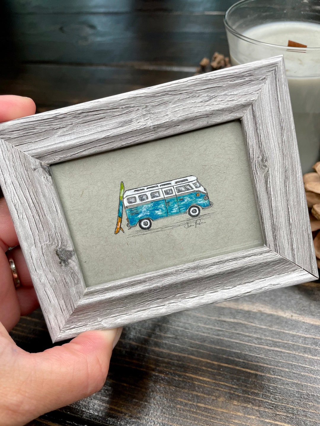 Volkswagen Vw Bus Framed Drawing With Surfboard, Vw Art, Volkswagen ...