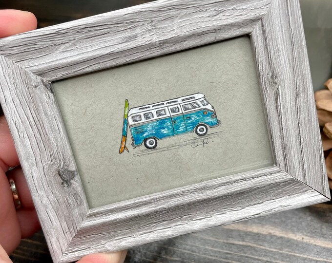 Volkswagen Vw Bus Framed Drawing With Surfboard, Vw Art, Volkswagen ...
