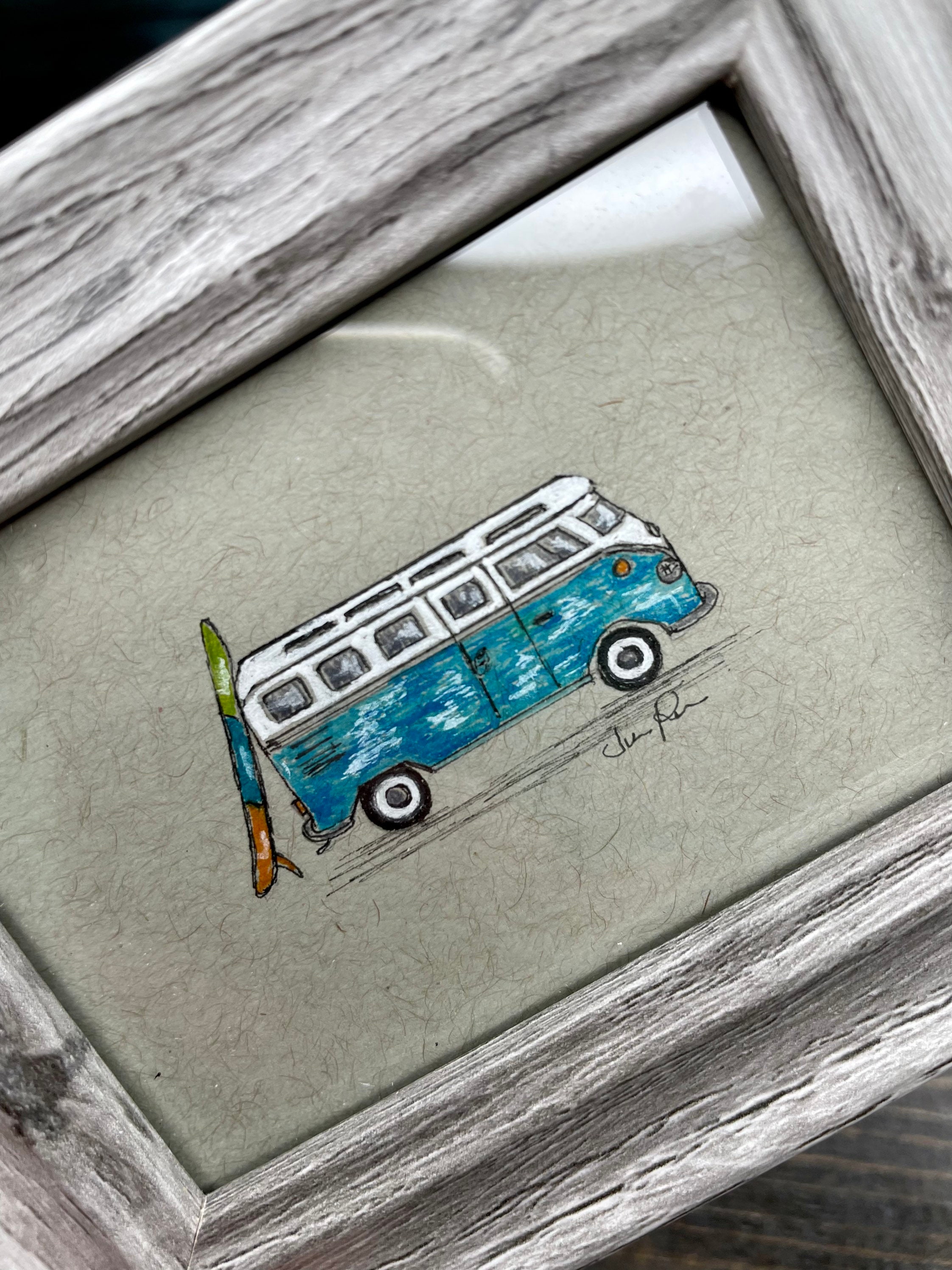 Volkswagen Vw Bus Framed Drawing With Surfboard, Vw Art, Volkswagen ...