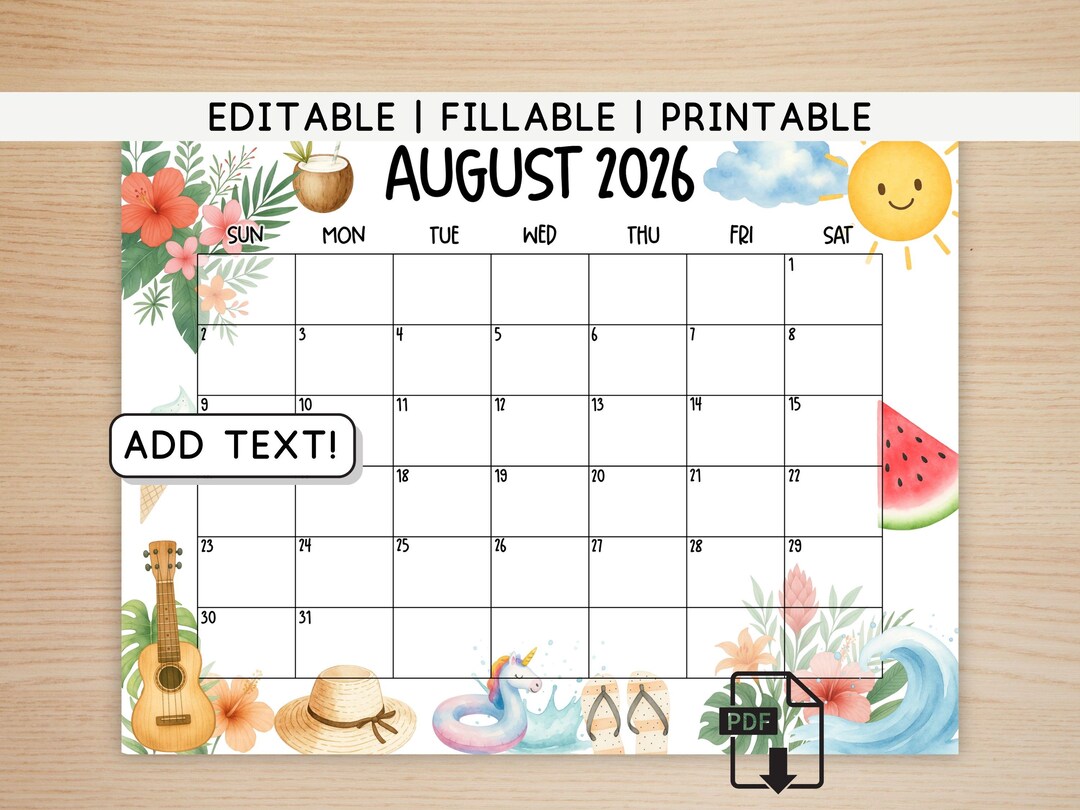 August 2026 Calendar Tropical Theme (editable PDF Download) - Etsy