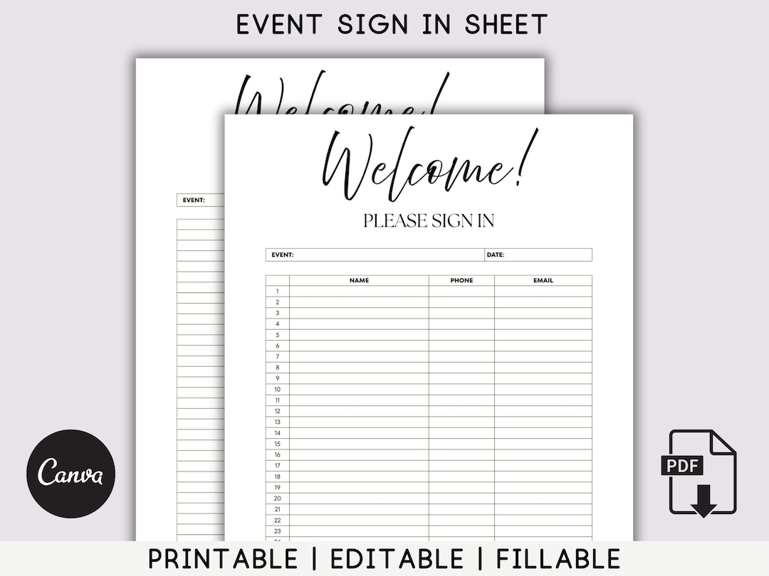 Simple Event Sign in Sheet Editable Canva Template | Fillable ...