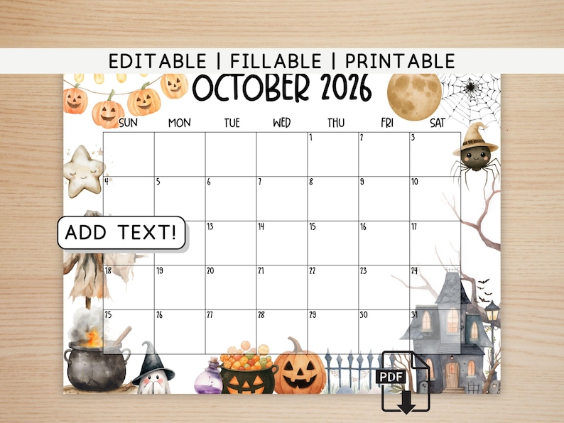 October 2026 Calendar Printable Pdf,editable Fillable Planner Template ...