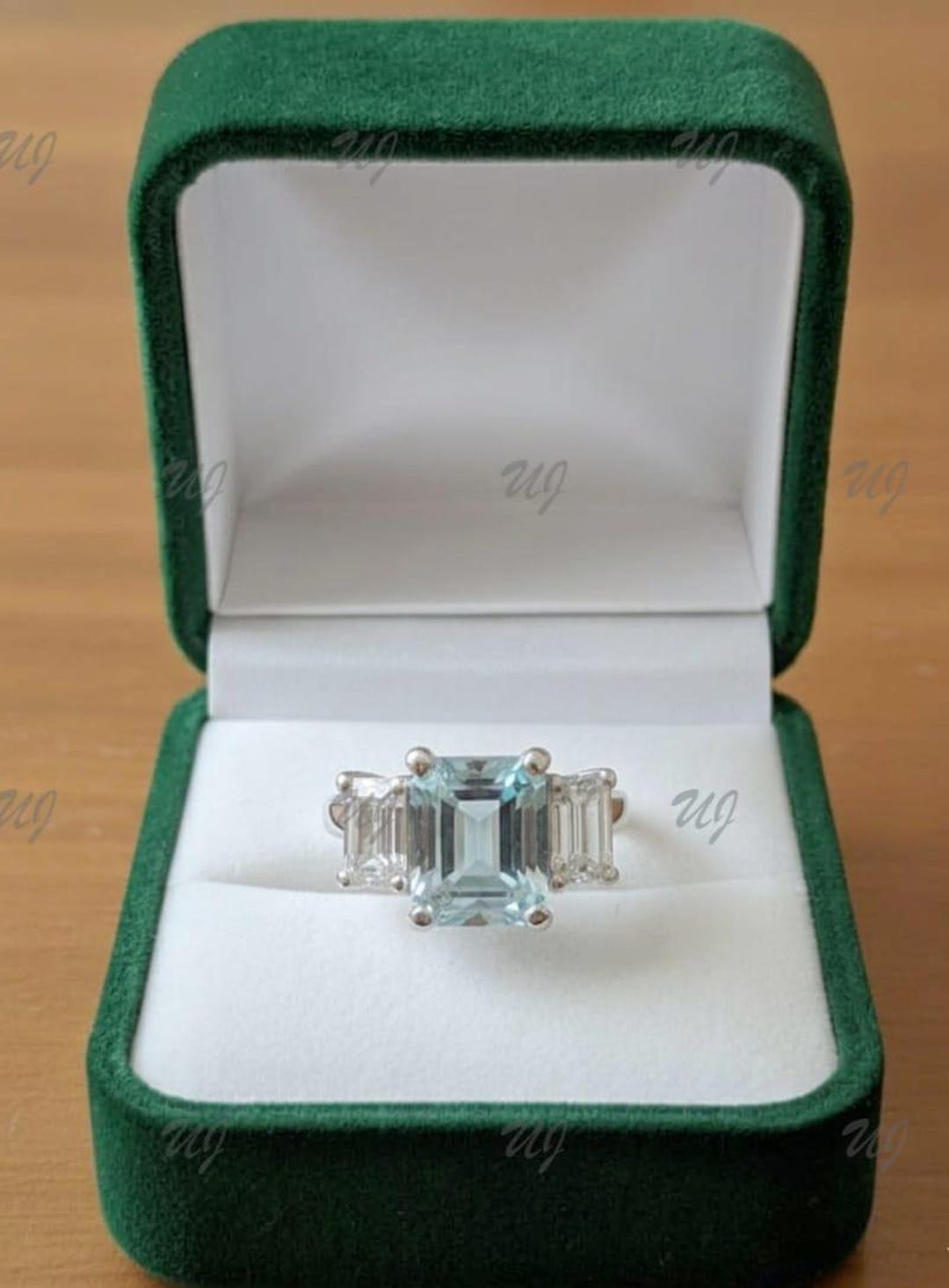 Aquamarine Emerald Ring, Engagement Ring Low Profile Setting Three ...