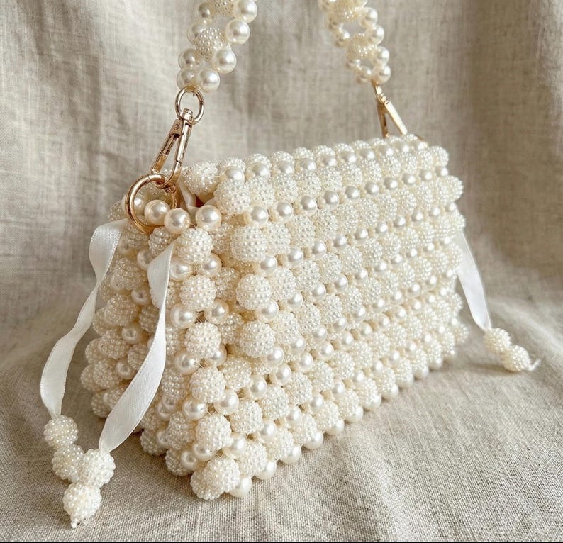 Mini bolso de mano con cuentas de perlas color marfil, bolso de mano de ...