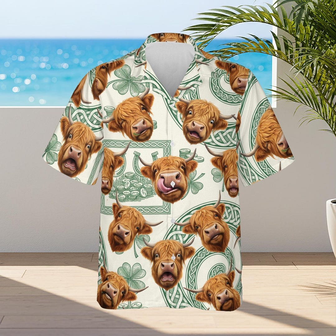Highland Cow Hawaiian Shirt, Irish Clover Pattern, Lucky Horseshoe Coo ...
