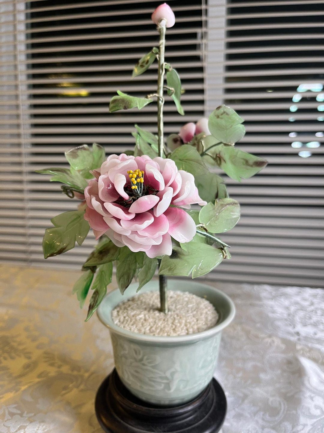 Large 12" Vintage Chinese Rose Quartz and Jade Peony Tree Signed ...