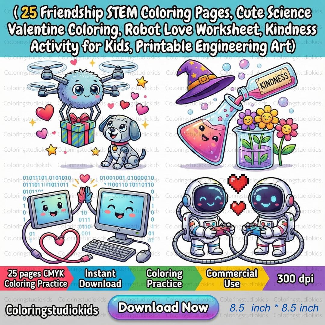 STEM Valentine Coloring Pages | Robot Science Art (digital Download) - Etsy