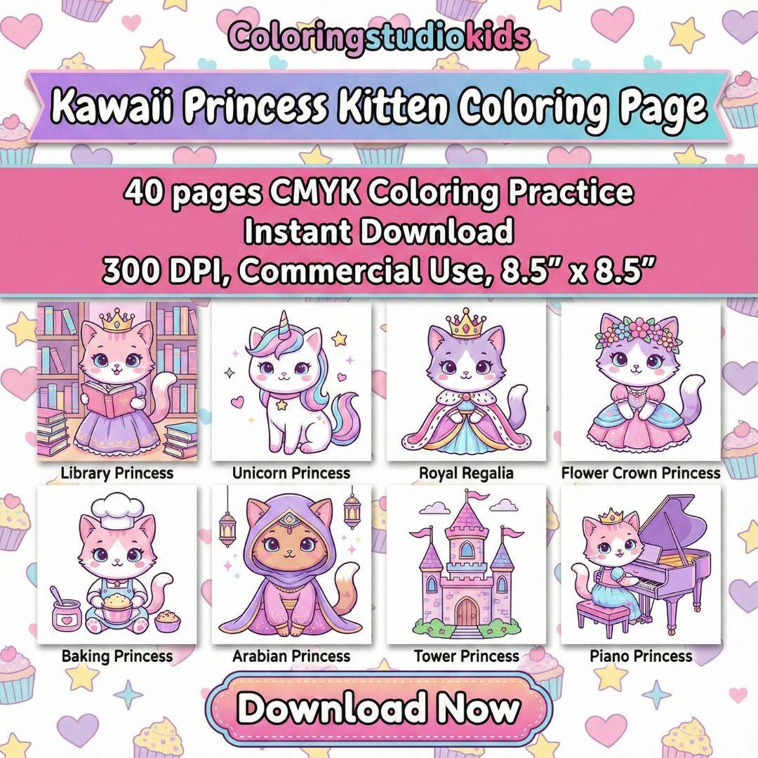 Mega 40 Kawaii Princess Coloring Pages Bundle | Printable Coloring Book ...