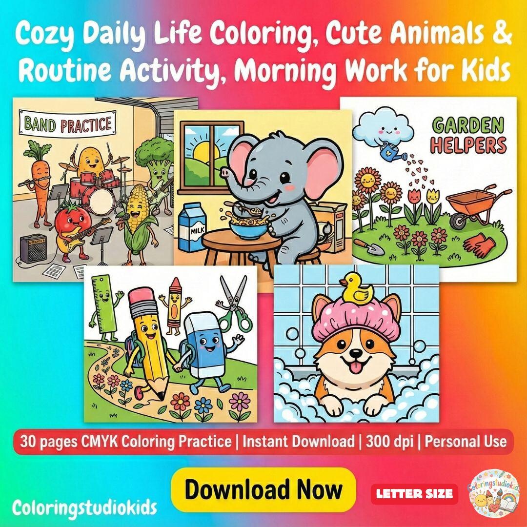 Cozy Daily Life Coloring, Cute Animals & Routine Activity, Morning Work ...