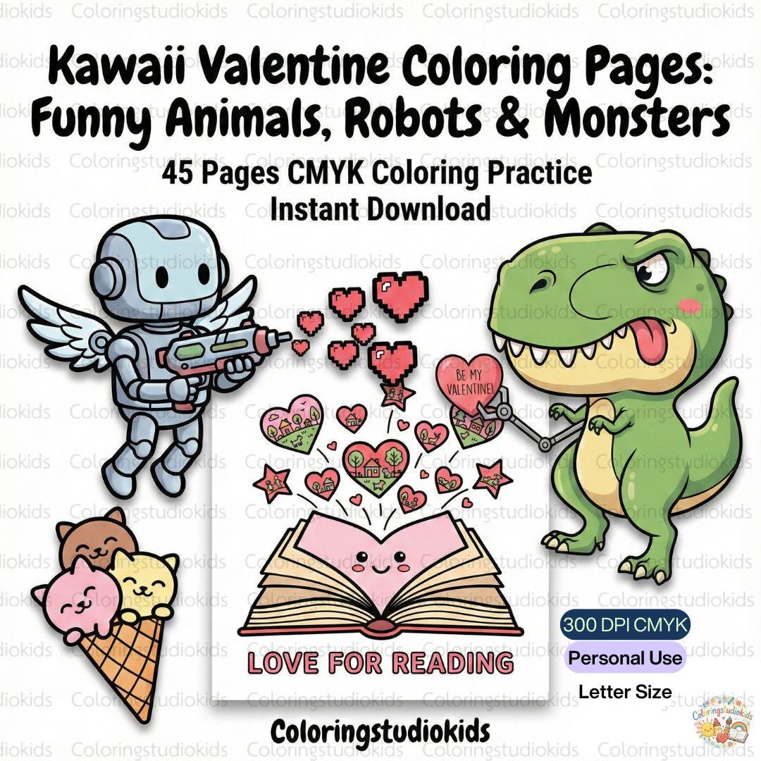 Kawaii Valentine Coloring Book: Funny Animals, Robots, Monsters ...