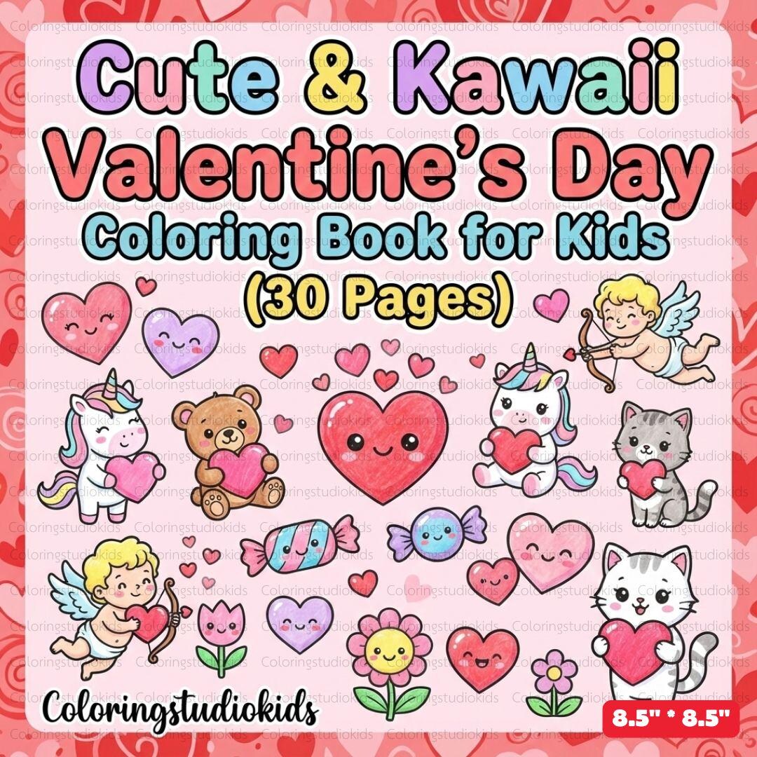Cute & Kawaii Valentine’s Day Coloring Book for Kids (30 Pages) - Etsy