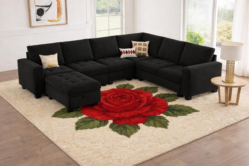 Modern Black Sectional Sofa & Floral Rose Carpet Set - Etsy