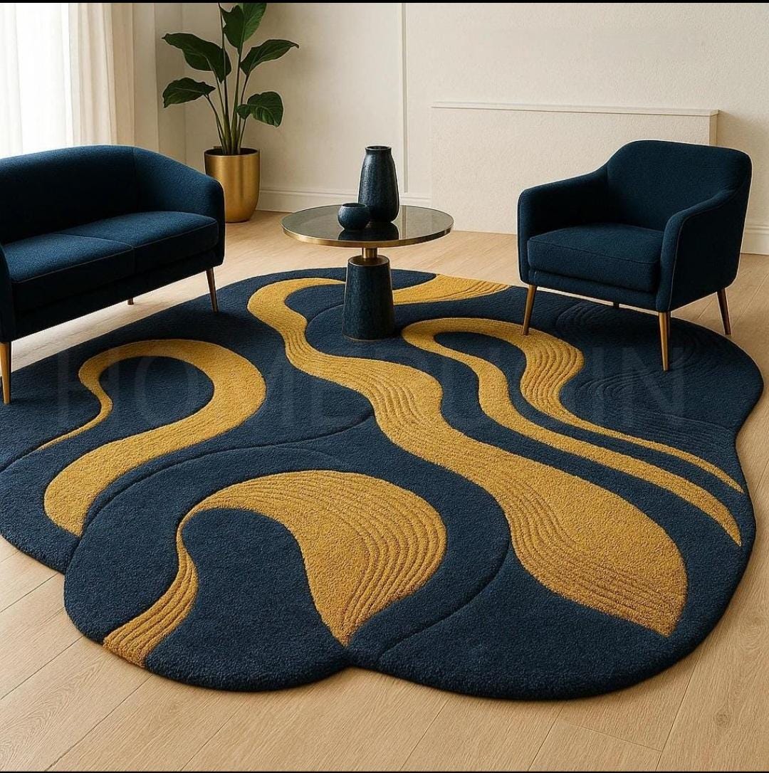 Modern Abstract Area Rug, Blue & Gold Sculpted Carpet - Etsy