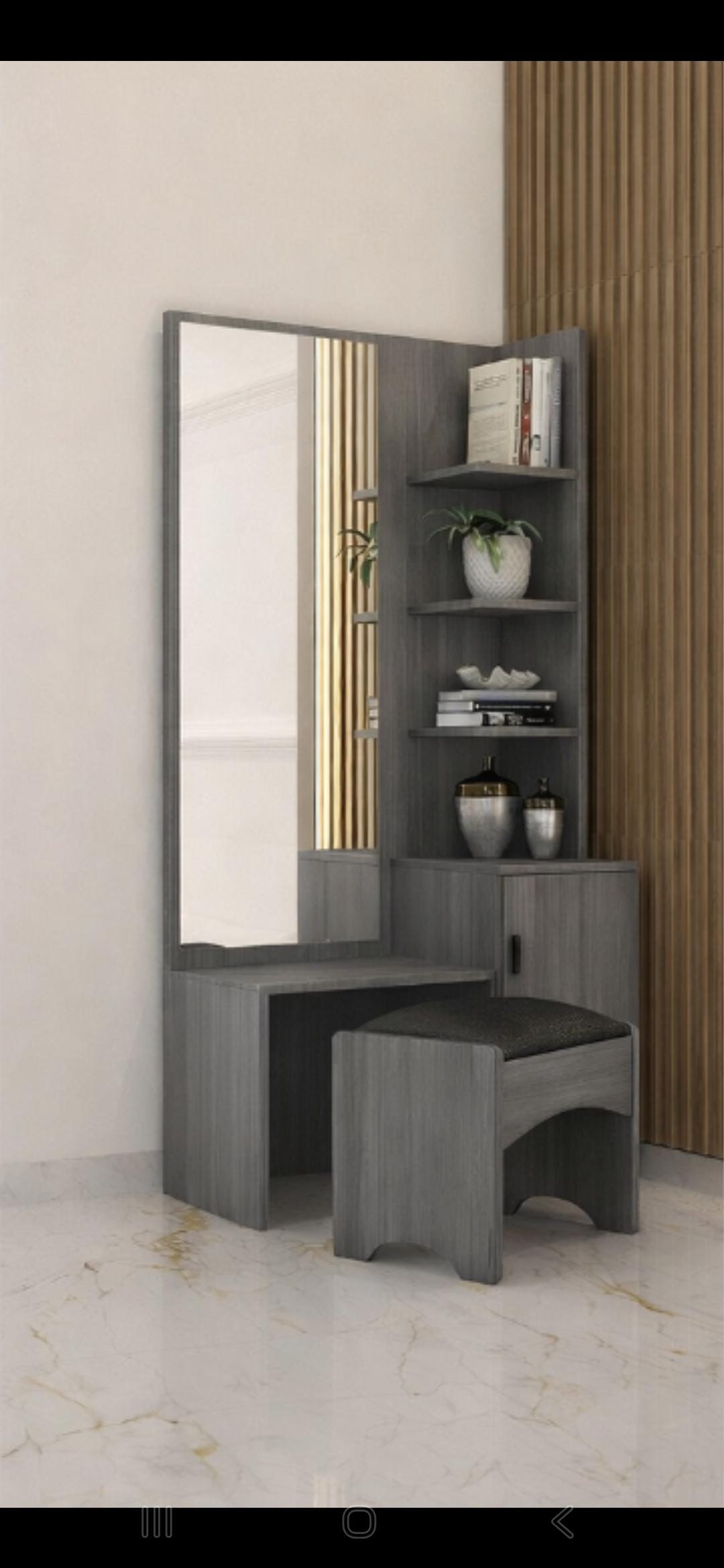 Modern Grey Dressing Table With Mirror, Shelves & Stool | Minimalist ...