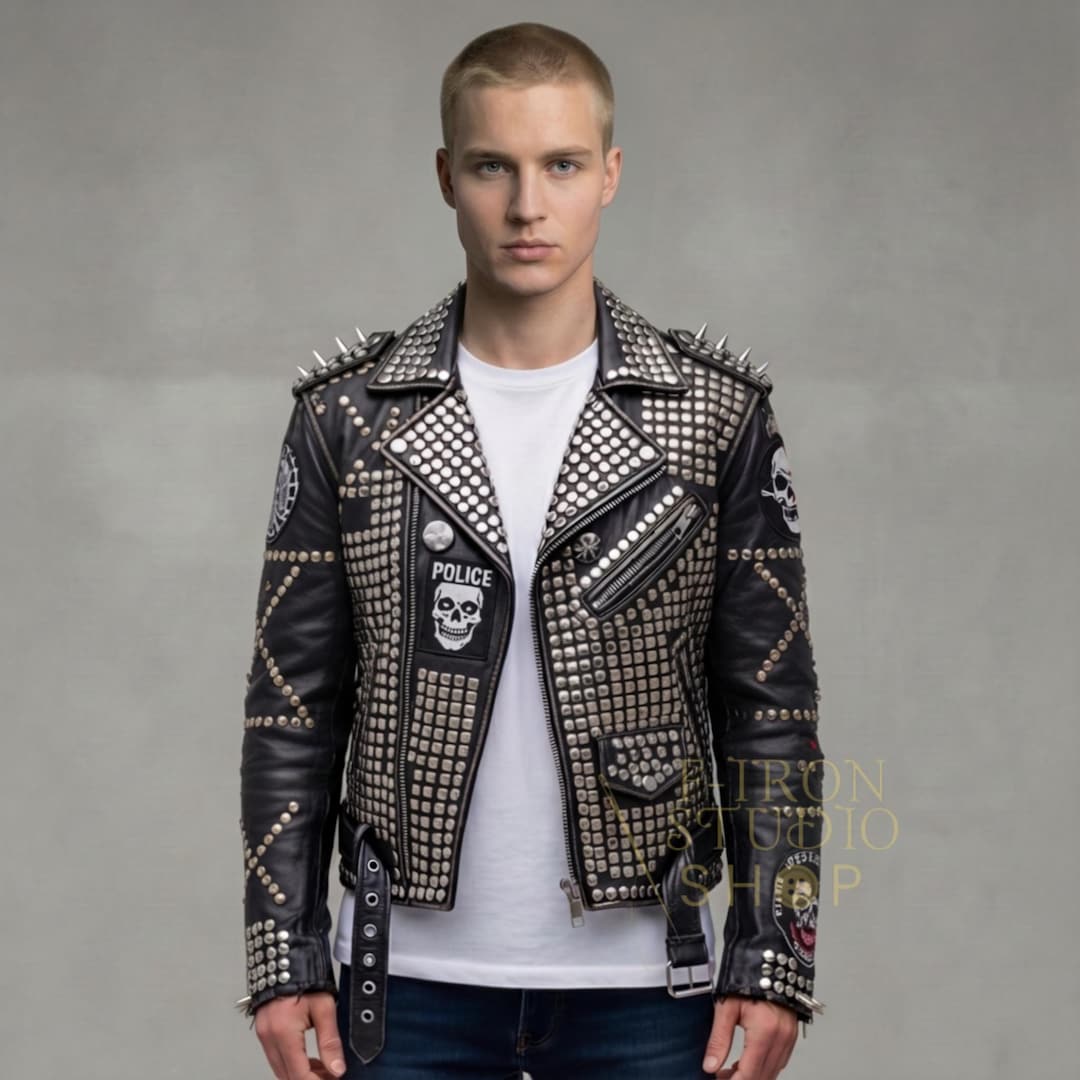 Mens Studded Leather Jacket Handmade Punk Biker Rocker Spike Motorcycle ...