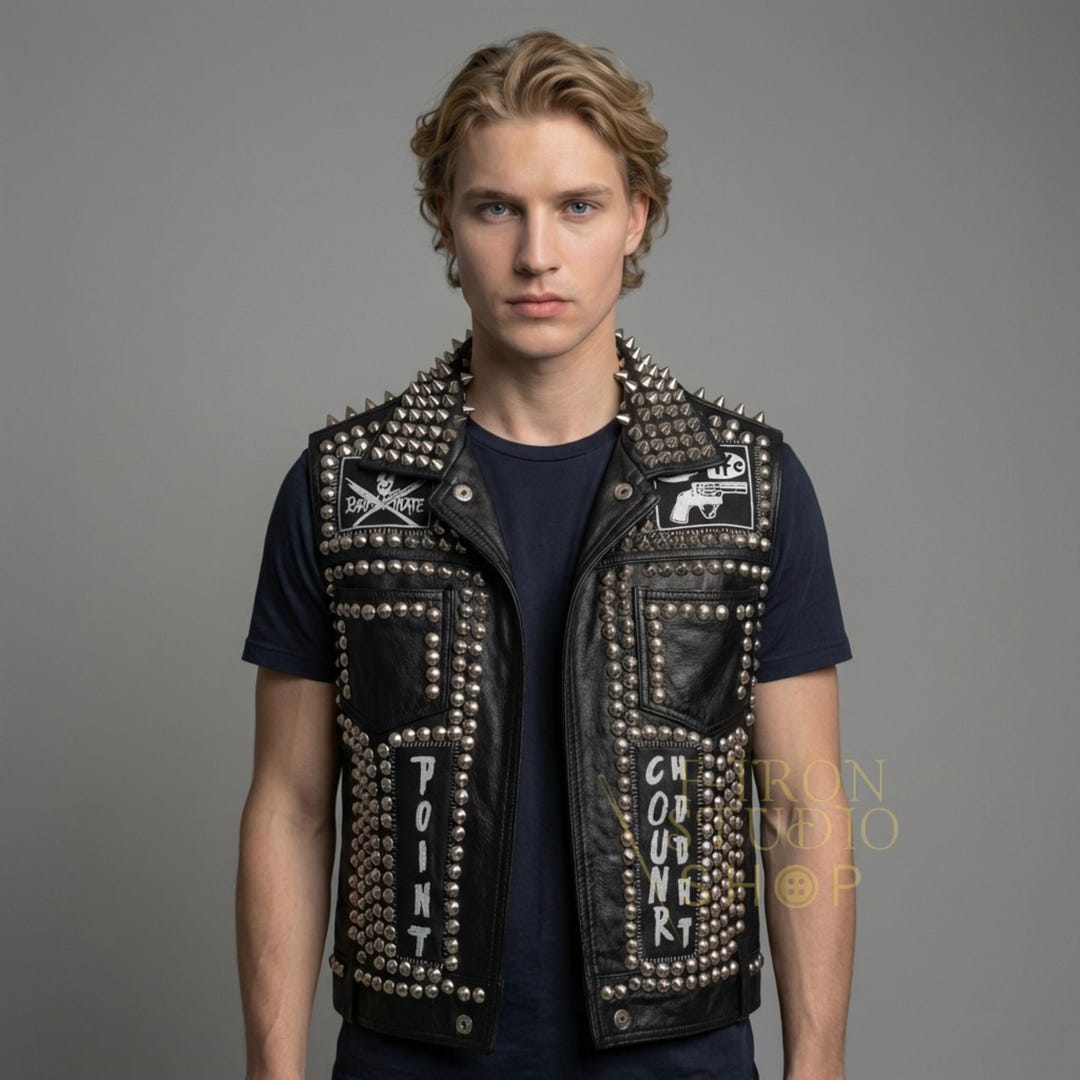 Studded Leather Vest Punk Biker Jacket Spiked Screen Print Top - Etsy