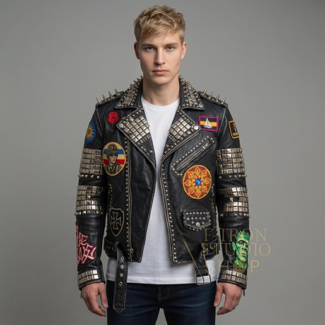 Handmade Mens Studded Punk Rock Leather Jacket Biker Style Custom ...