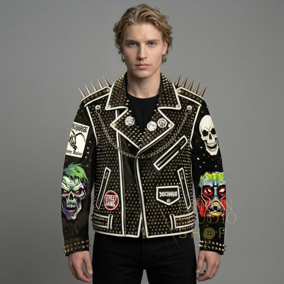Handmade Men's Studded Punk Rock Leather Biker Jacket Custom Spiked ...