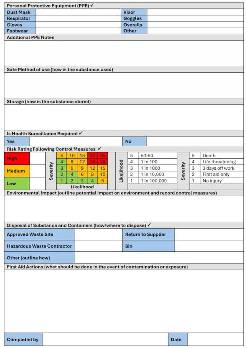 COSHH Risk Assessment Digital Template - Etsy