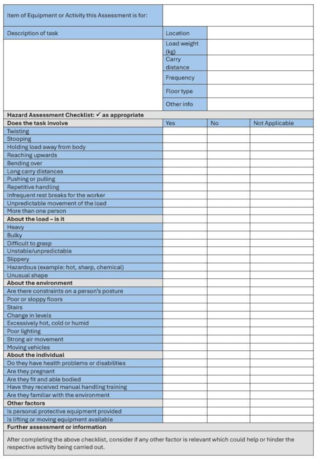 Manual Handling Risk Assessment Template - Etsy