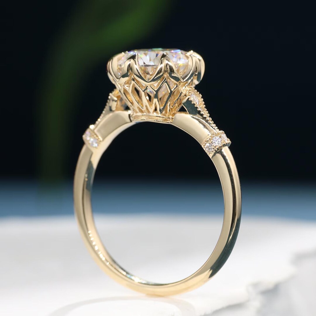 14K Gold Vintage Engagement Ring Unique Art Deco Milgrain Ring 8 Prongs ...