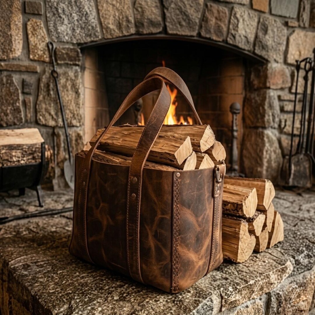 Leather Waxed Canvas Firewood Log Carrier Tote | Rustic Fireplace Wood ...