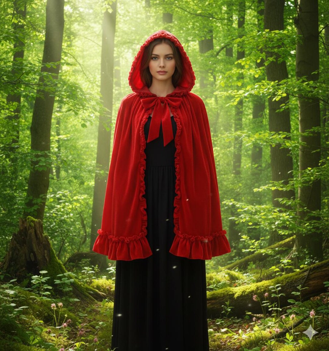 Red Velvet Hooded Cape Costume – Ruffled Cloak for Cosplay, Halloween ...