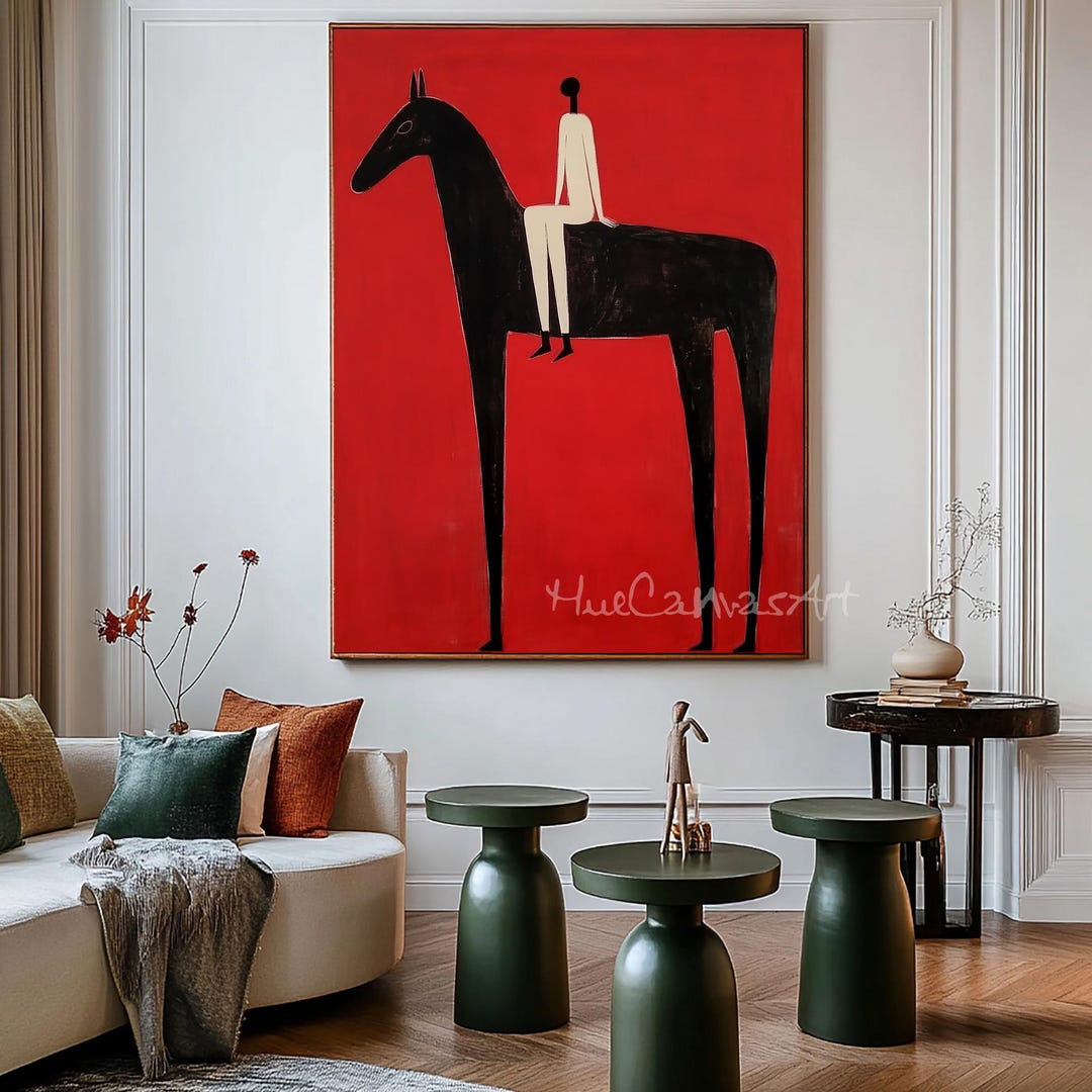 Large Red Black Abstract Horse Rider Painting Minimalist Geometric ...