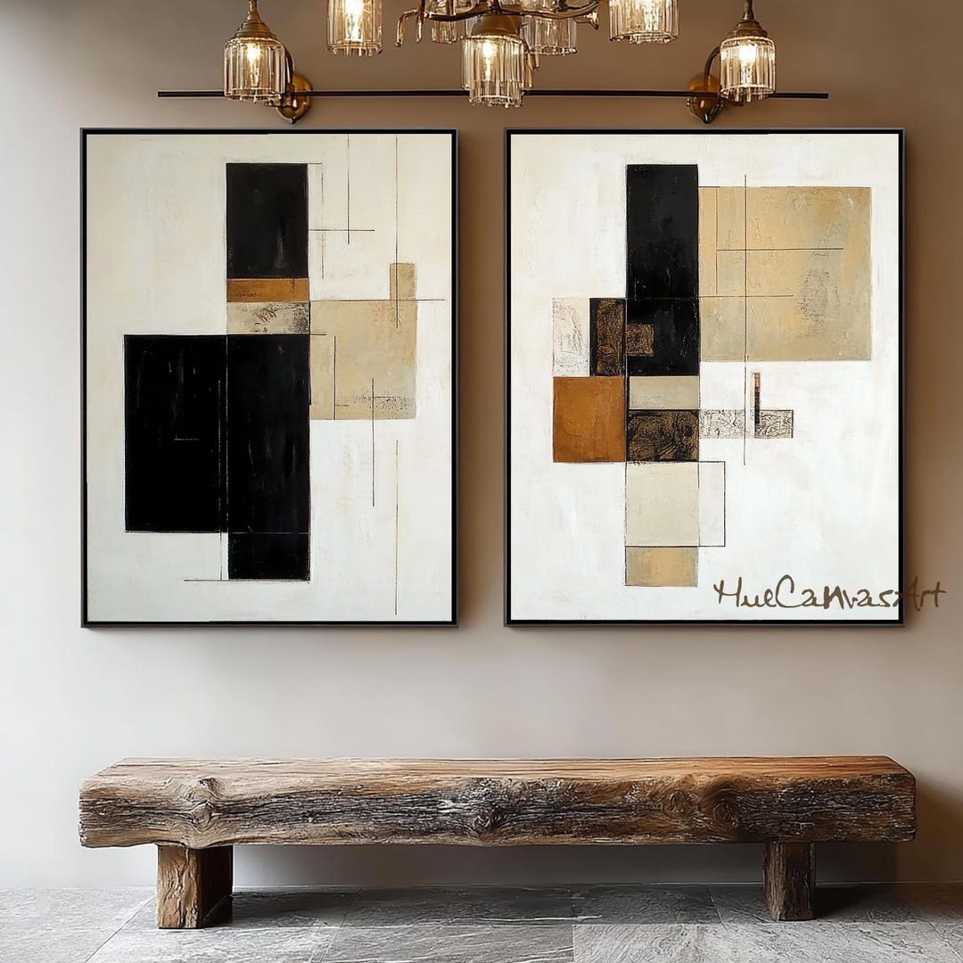 Large Abstract Diptych Oil Paintings Set of 2, Minimalist Geometric ...