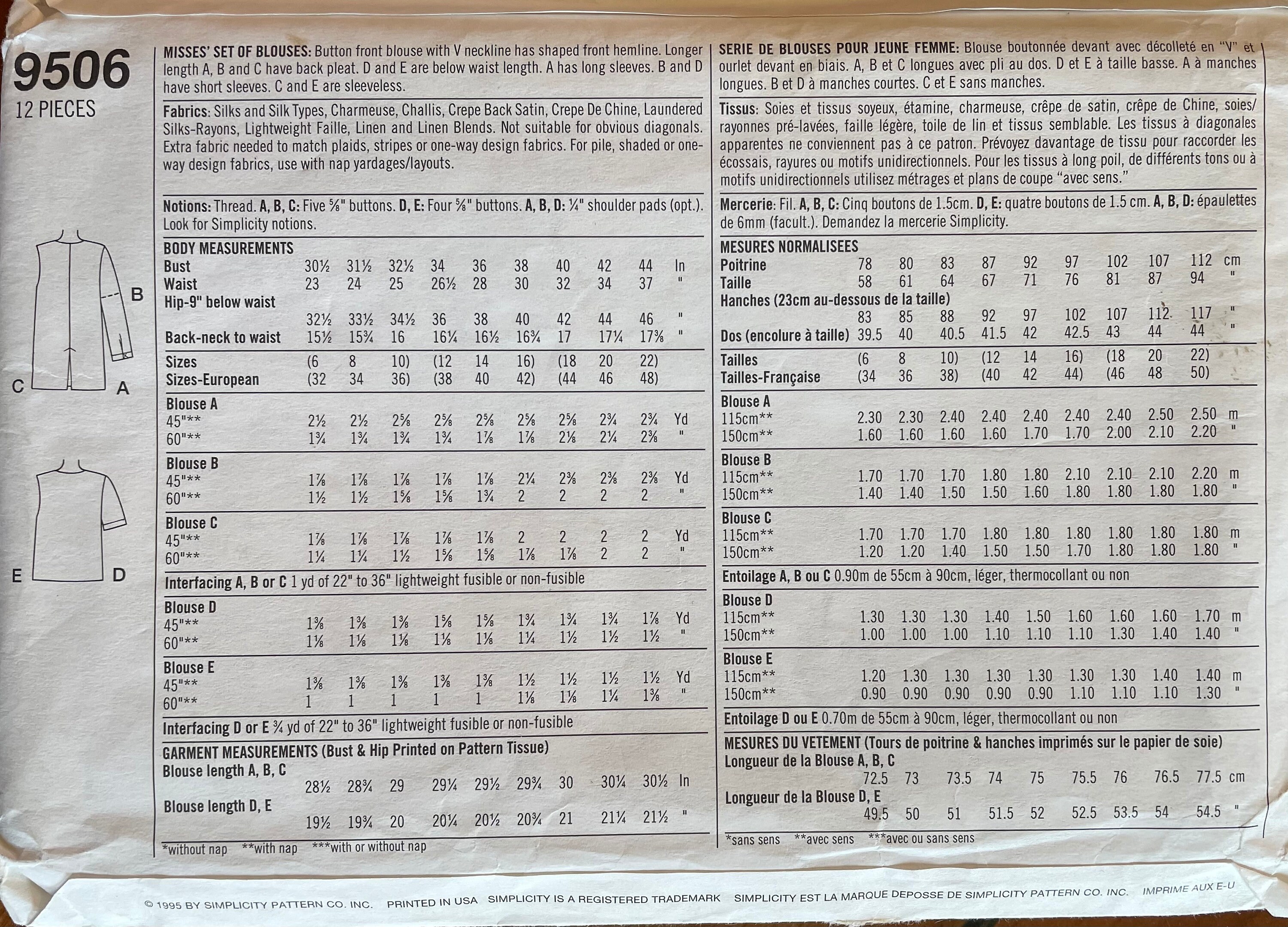 Simplicity 9506 Misses' Set of Blouses Sewing Pattern, UNCUT, Size 6-8 ...