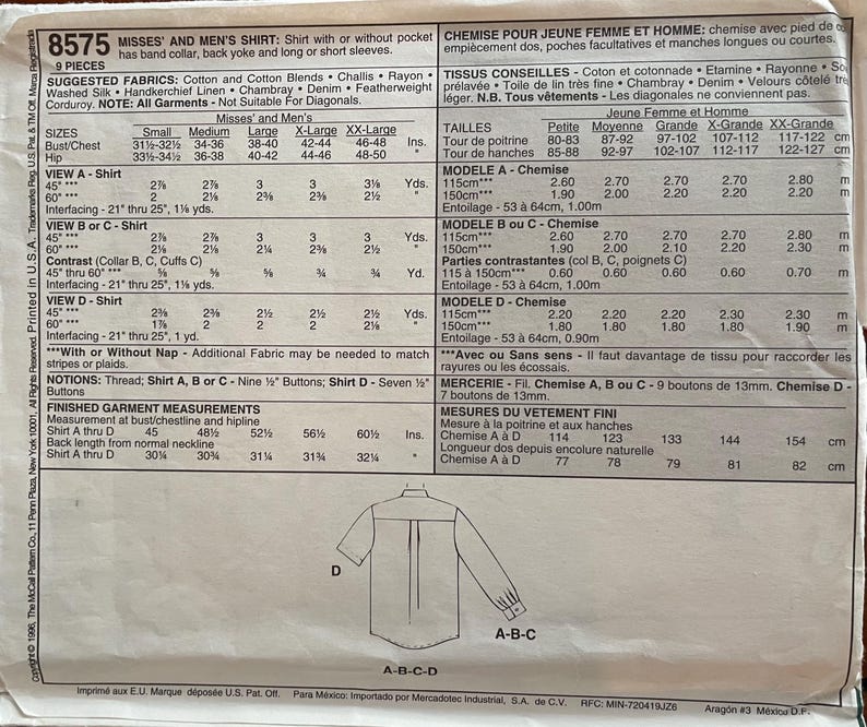 Mccall's 8575 Misses' and Men's Shirt Sewing Pattern, UNCUT, Size XX ...