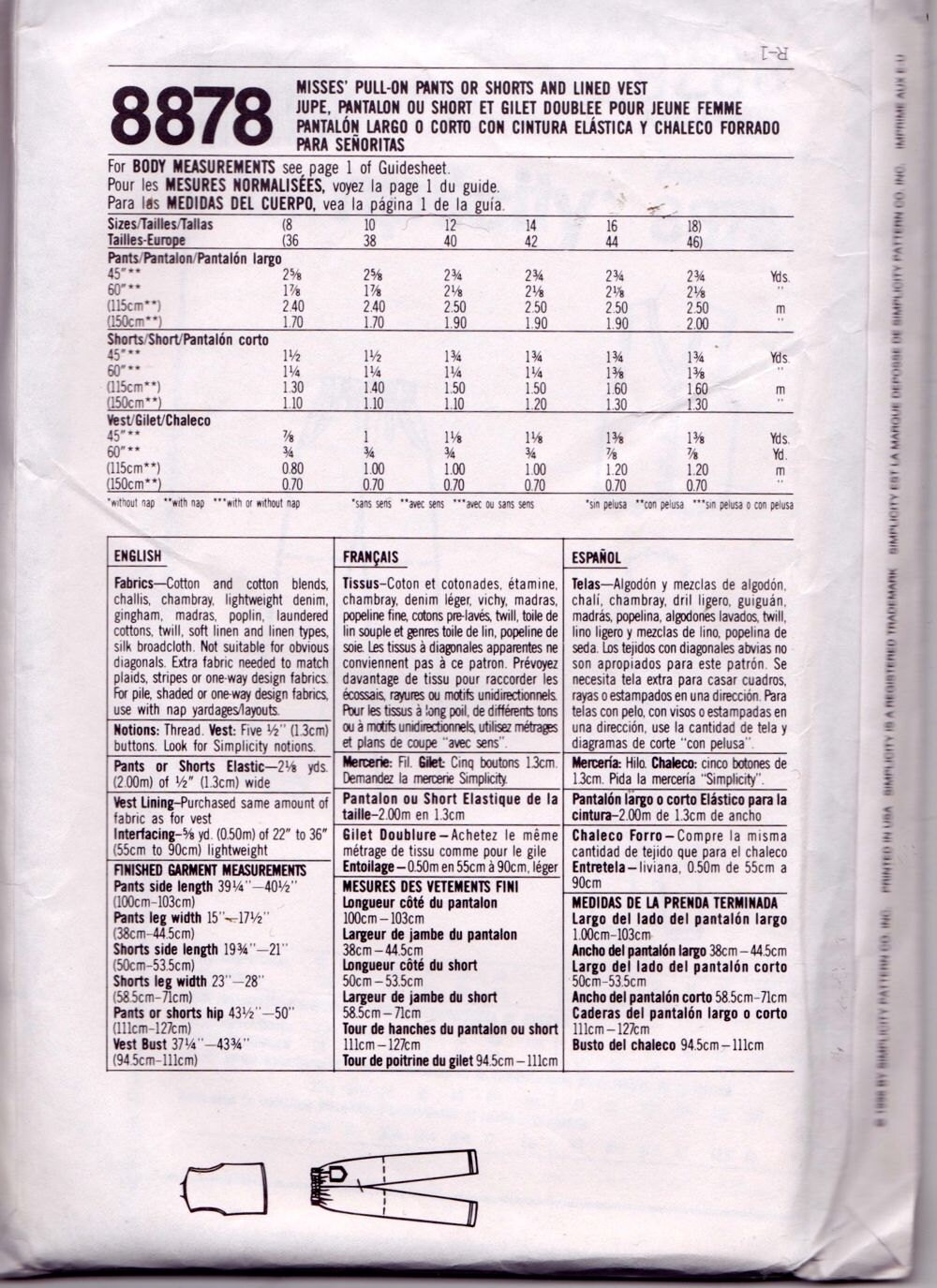 Simplicity 8878 Misses' Pull-On Pants or Shorts and Lined | Etsy