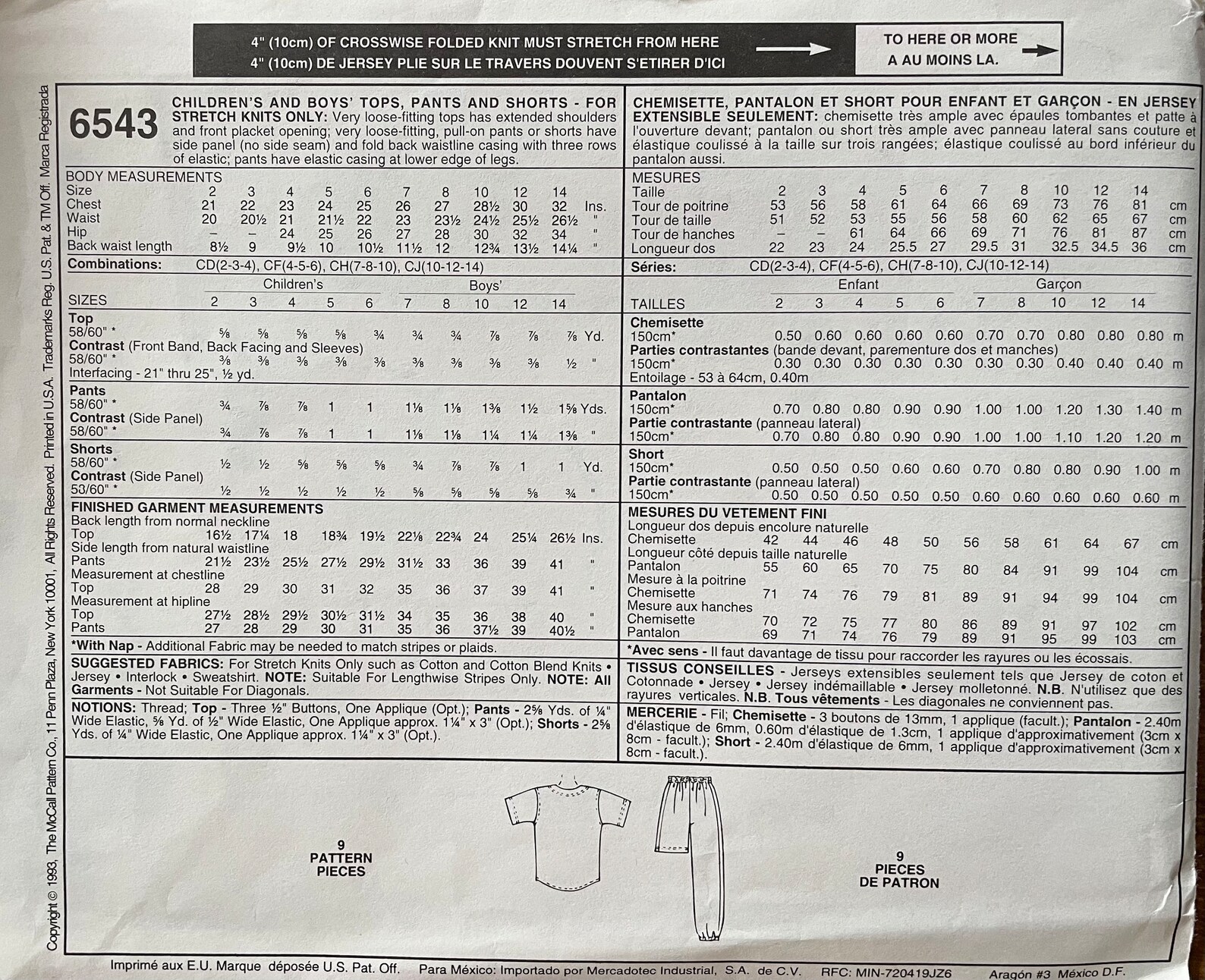 Mccall's 6543 Children's and Boys' Tops, Pants and Shorts Sewing ...