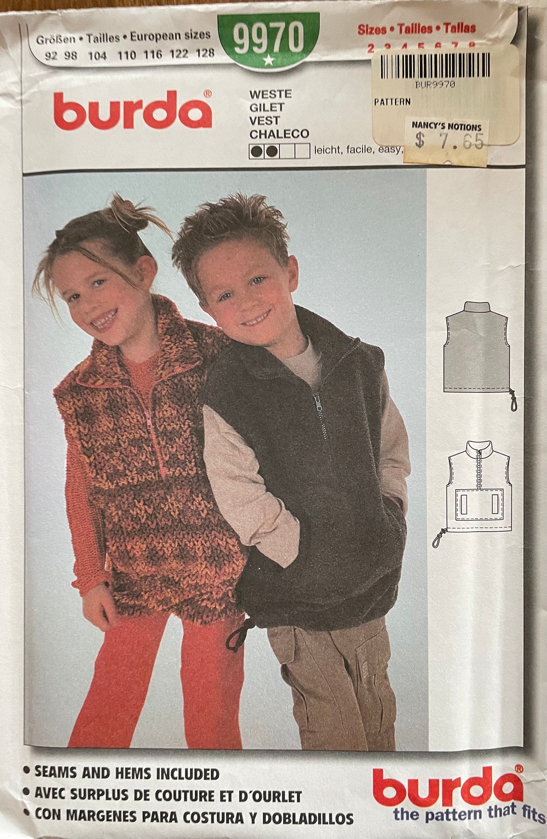 Burda 9970 Childrens' Vest Sewing Pattern, UNCUT, Size 2-3-4-5-6-7-8 ...
